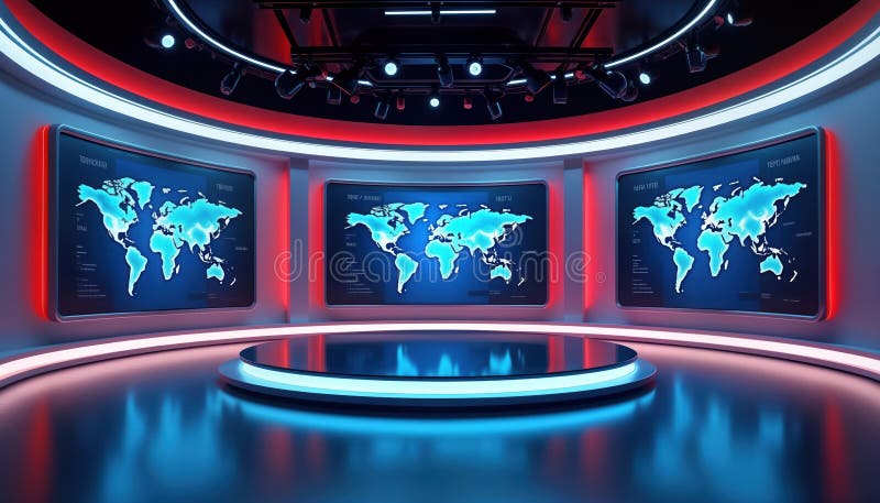 Modern News Studio Backdrop Shows Circular Stage with Glowing Blue, Red ...