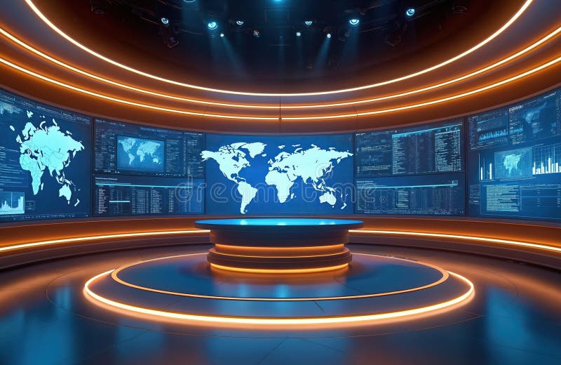 Modern News Studio with Blue Screens Displaying World Maps, Data ...
