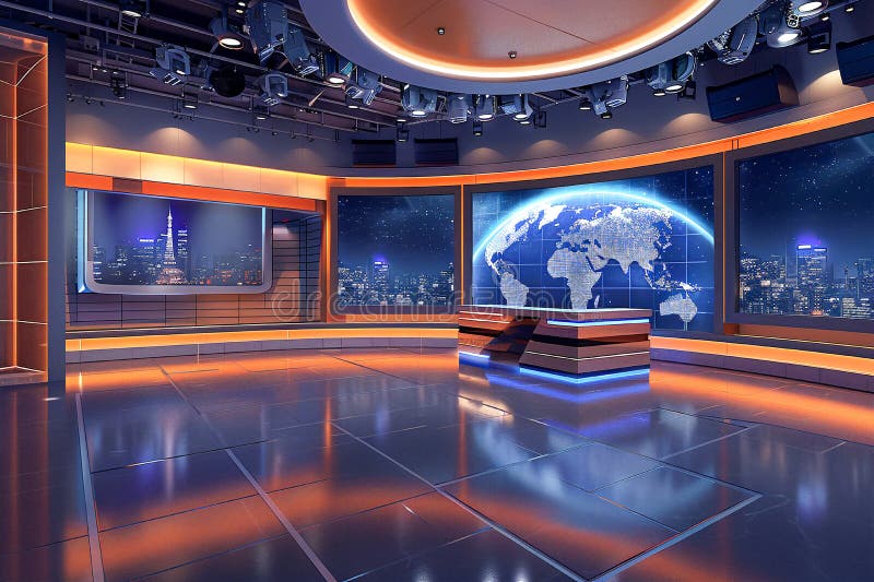 Modern News Studio with a Digital Globe on Screens, Designed for Live ...