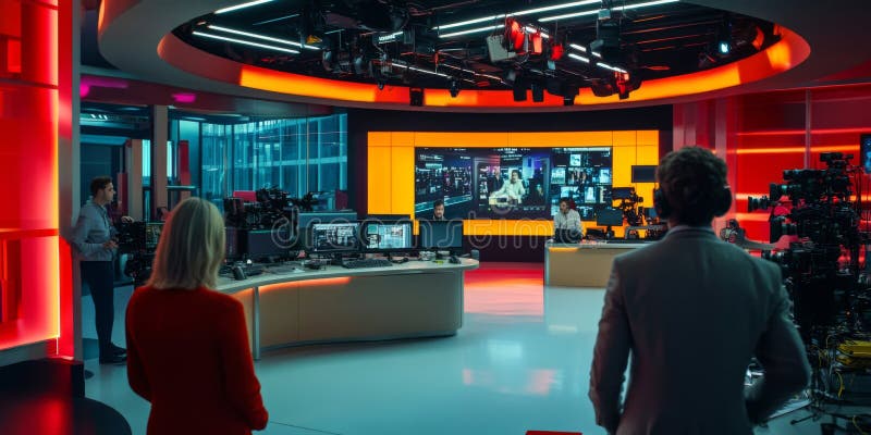 A Modern News Studio Equipped with Advanced Technology. the Vibrant Red ...