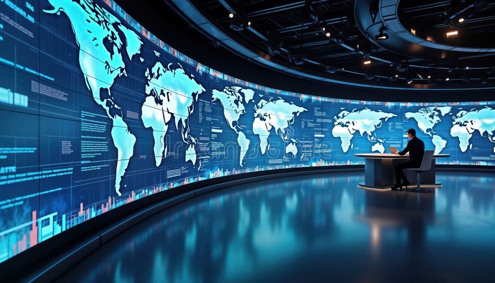 Modern News Studio Features Presenter Seated at Desk. Surrounding Walls ...