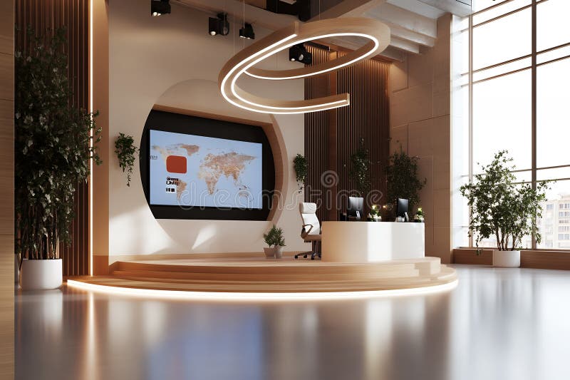 Modern News Studio Interior with Circular Desk, Large Screen Displaying ...
