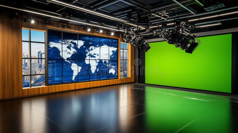 Modern News Studio Set Featuring World Map and Green Screen Stock ...