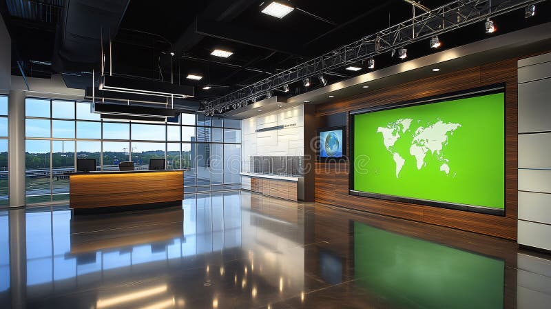 Modern News Studio Set with Green Screen and World Map Ready for ...