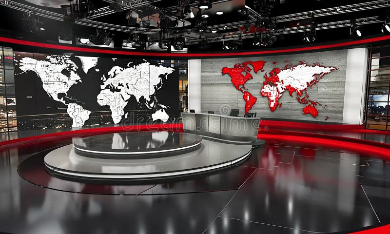 Modern News Studio Set with World Map Backdrop Stock Video - Video of podium, virtual: 365676945