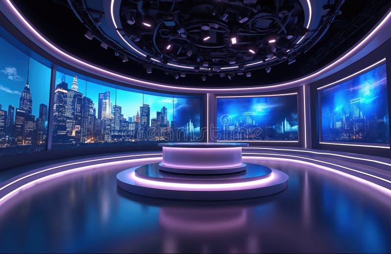 Modern News Television Broadcasting Studio with City View from Windows ...