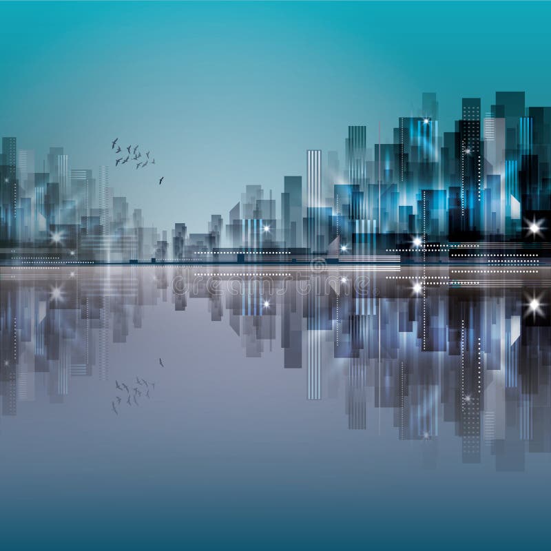 Modern Night City, with Reflection on Water Surface Stock Vector ...