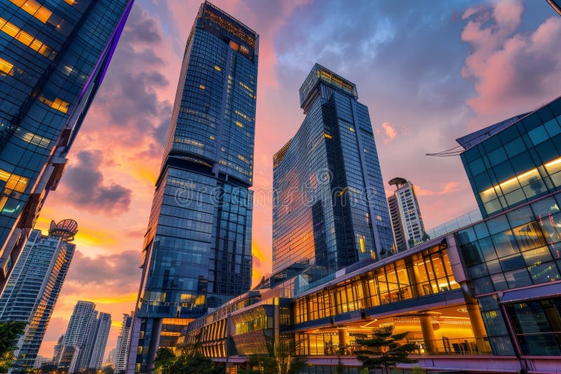 A Modern Night City with Skyscrapers. Night Architecture with Backlight ...