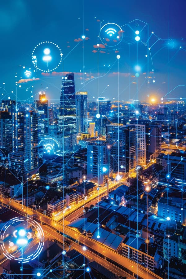 A Modern Night City with Skyscrapers. Night Architecture with Backlight ...