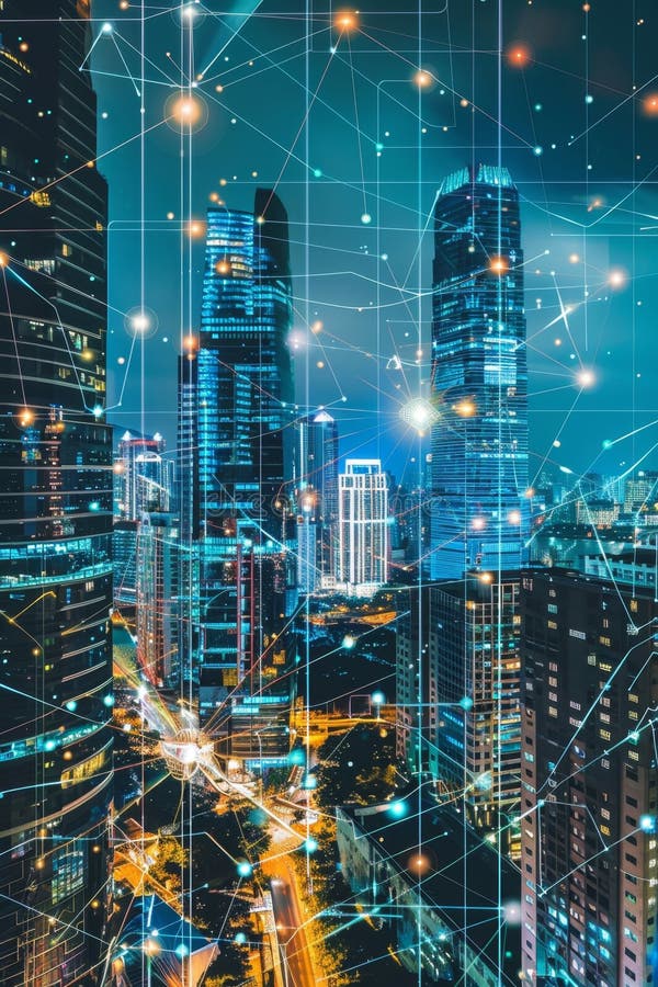 A Modern Night City with Skyscrapers. Night Architecture with Backlight ...