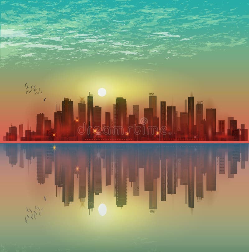 Cityscape Reflection In Water At Sunset Stock Illustration ...