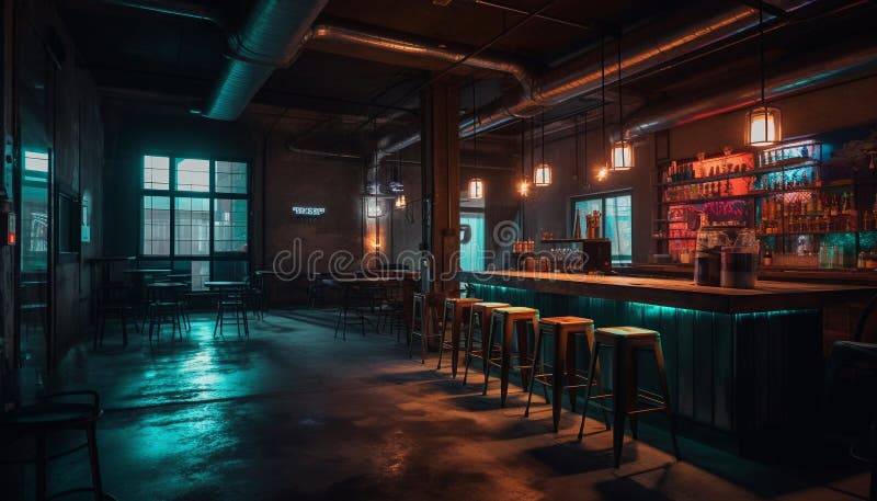 Modern Nightclub with Illuminated Bar Counter and Blue Lighting ...