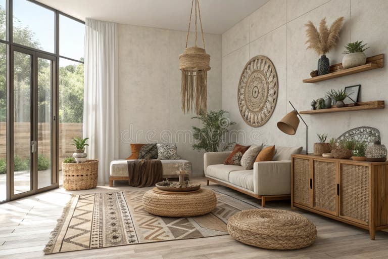 Modern Nomadic Living Room with Wall Mock-up Stock Illustration ...