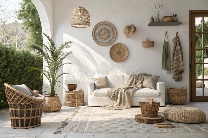 Modern Nomadic Living Room with Wall Mock-up Stock Illustration ...