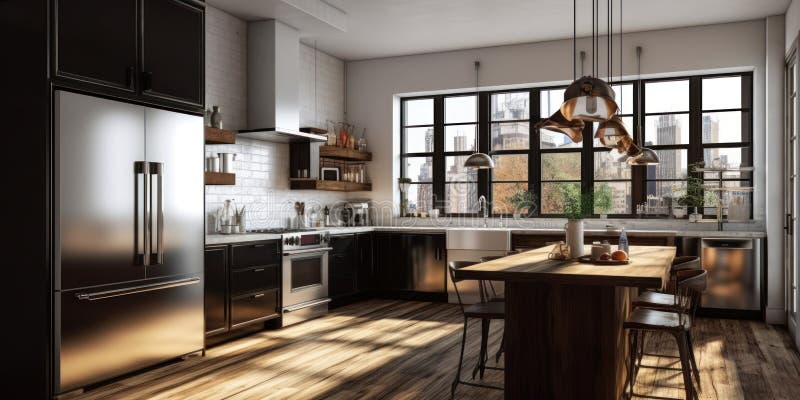 Modern Nordic Kitchen in Loft Apartment. AI Generative Stock ...