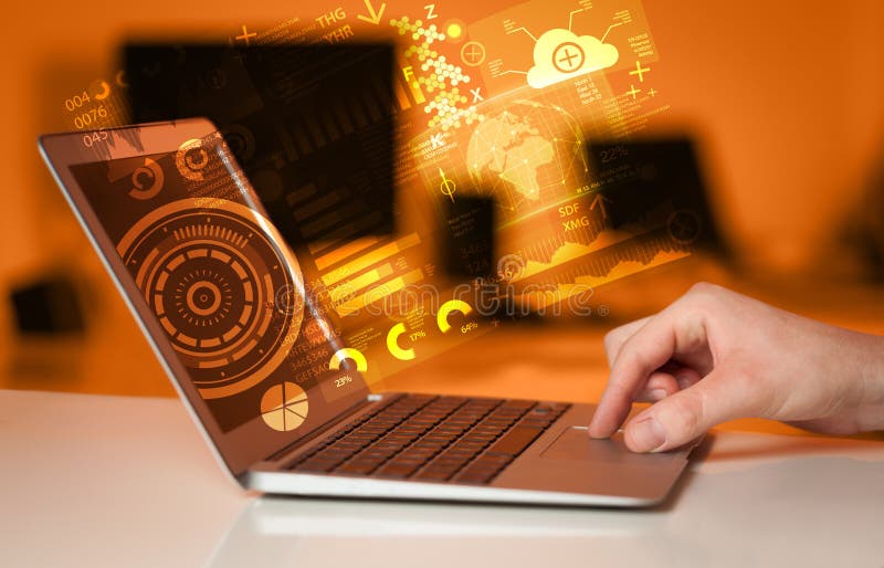 Modern Notebook Computer with Future Technology Symbols Stock Photo ...