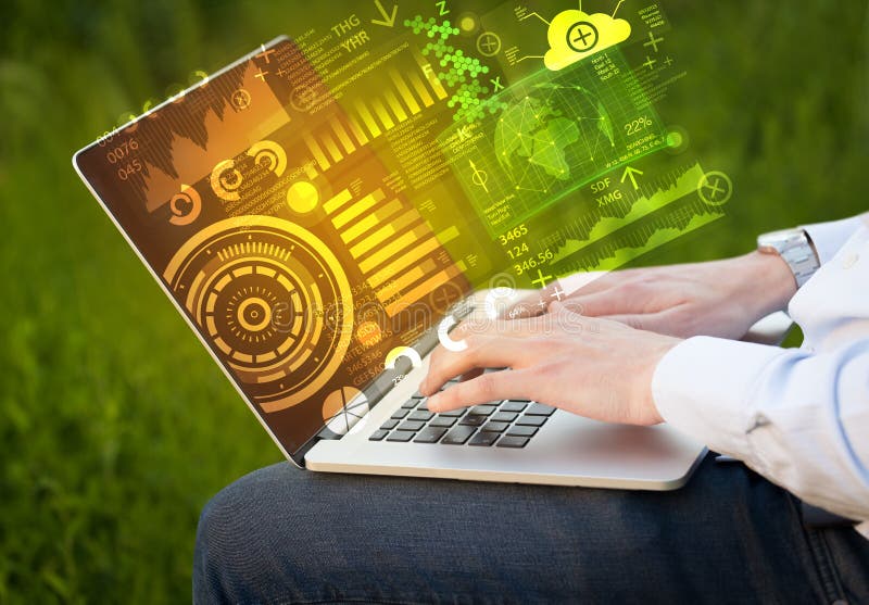 Modern Notebook Computer with Future Technology Symbols Stock Photo ...