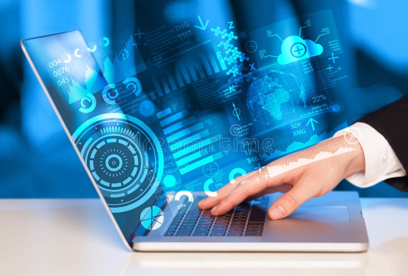 Modern Notebook Computer with Future Technology Symbols Stock Photo ...