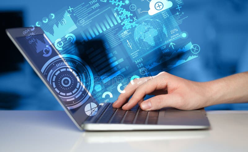 Modern Notebook Computer with Future Technology Symbols Stock Image ...