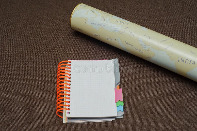 Modern Notebook, Map, On Texture Background Stock Image - Image of ...