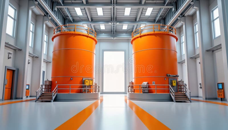 Modern Nuclear Power Plant Interior. Two Orange Small Modular Reactors ...