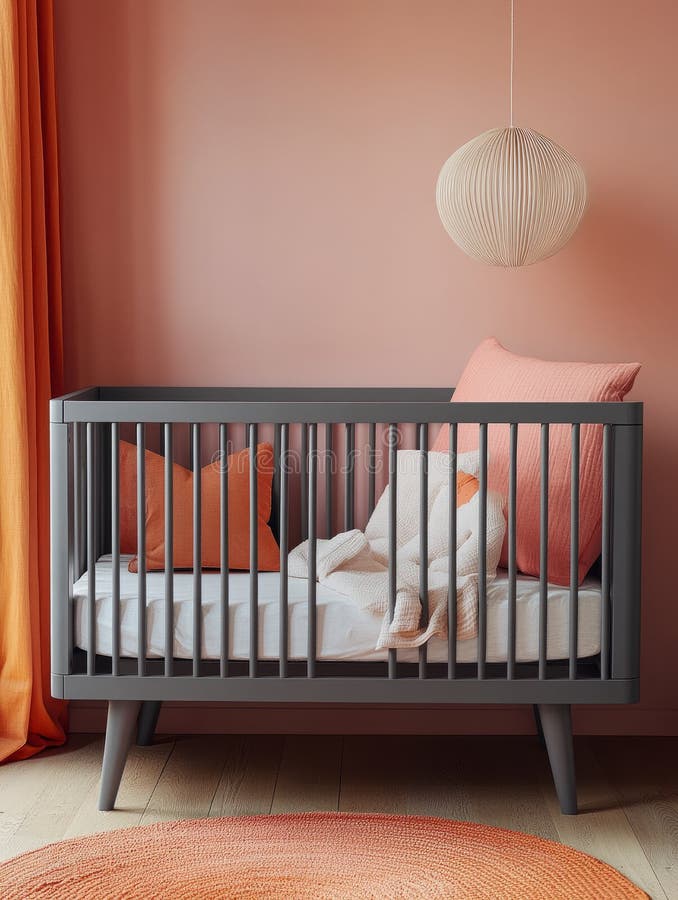 Modern Nursery with Crib, Pink Walls, and Cozy Decor. Stock Photo - Image of room, warm: 372259412