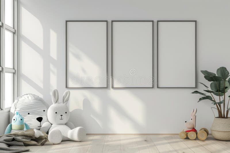 Modern Nursery Room Interior with Plush Toys and Blank Frames Stock ...