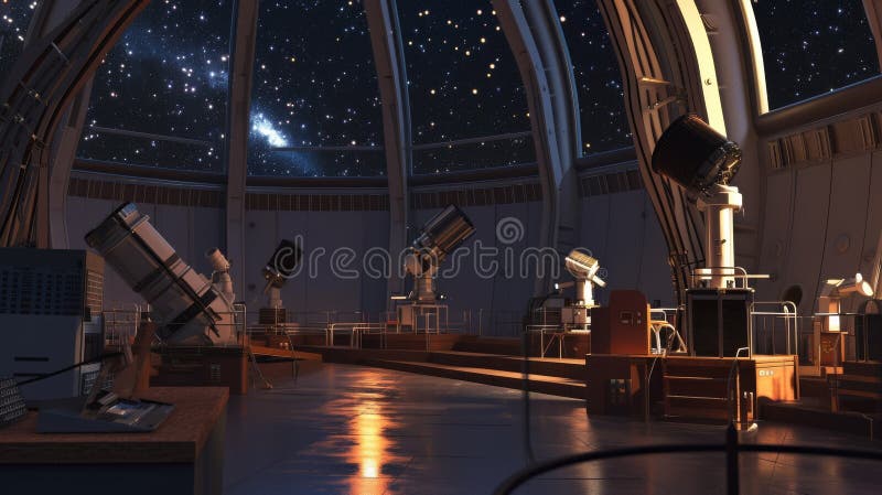 Observatory Interior with Telescopes Under Starry Night Sky Stock Photo ...