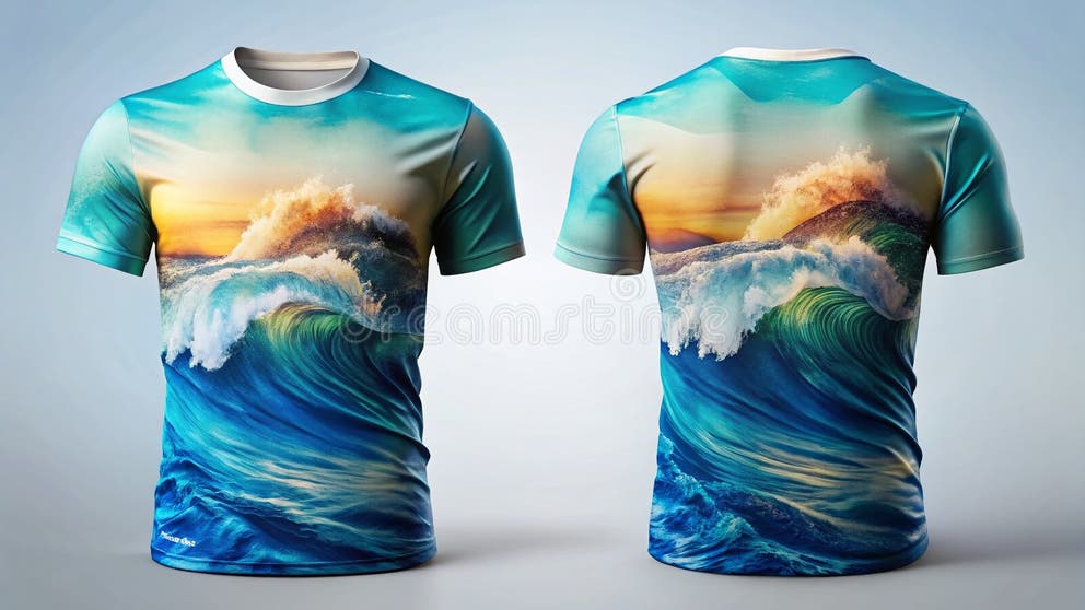 Modern Ocean Wave Graphic Tee Mockup Front and Back Views Showcase in a Professional Studio ...