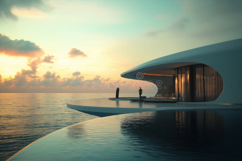 Modern Oceanfront Architecture at Sunset with Infinity Pool and Curved ...