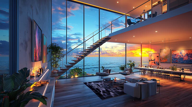 Modern Oceanfront Home Interior at Sunset Stock Photo - Image of modern ...
