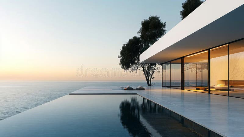 Modern Oceanfront House with Infinity Pool at Sunset Stock Illustration ...