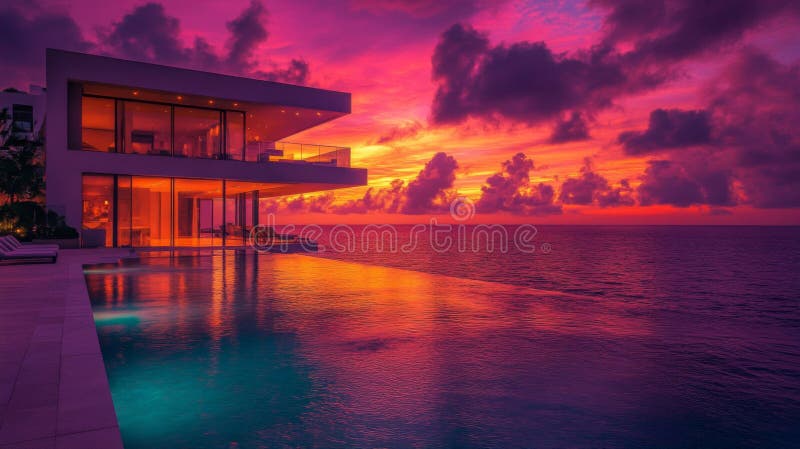 Modern Oceanfront House at Vibrant Sunset Stock Illustration ...