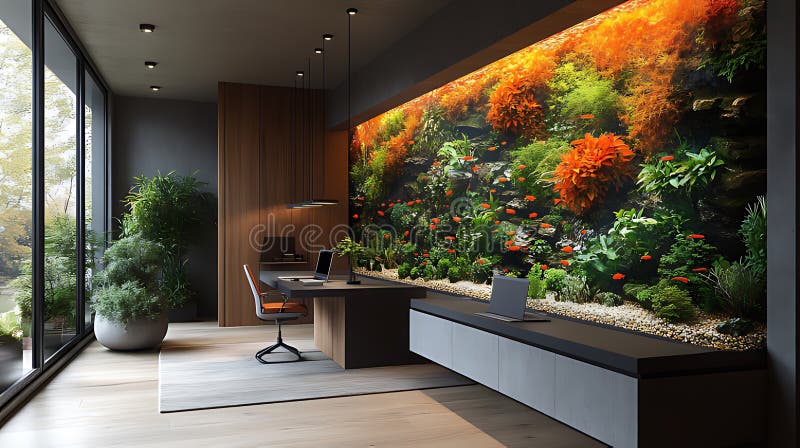 Modern Office, Aquarium Wall, Plants, Laptop, Nature View Stock ...