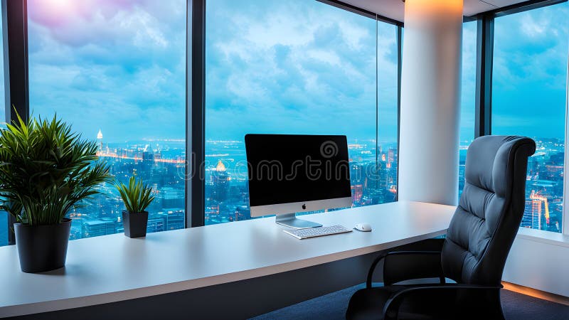 Modern Office, an Armchair, Computer, City View. Generative AI Stock ...