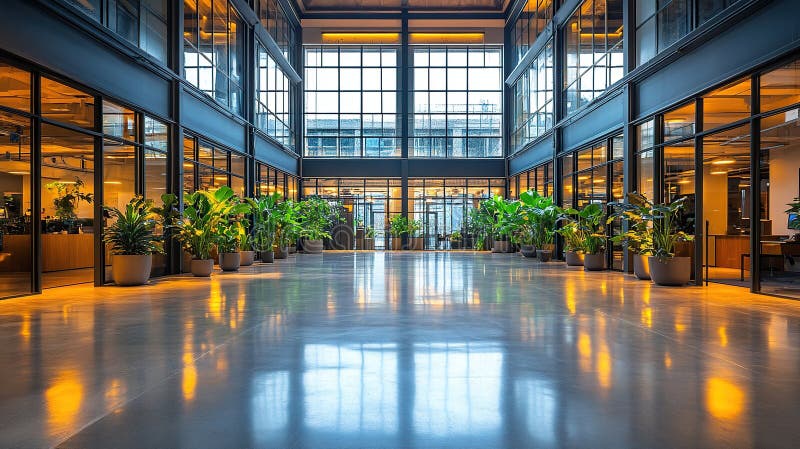 Modern Office Atrium, Plants, Glass Walls, City View, Workspace Stock ...