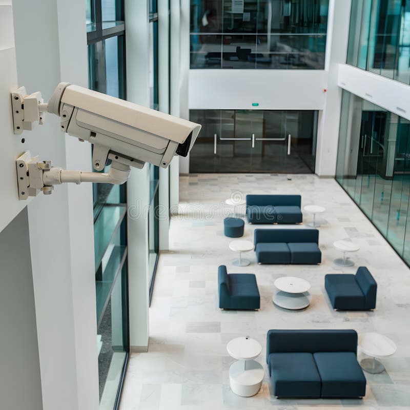 Modern Office Atrium with Security Camera, Marble Floor, and Natural ...