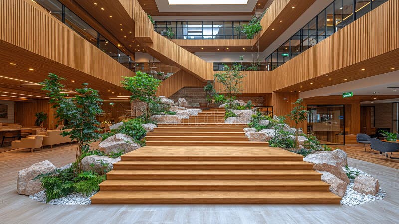 Modern Office Atrium Stairs, Plants, Lobby, Meeting Stock Image - Image ...
