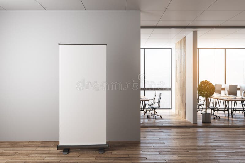 Modern office with banner stock illustration. Illustration of gallery ...