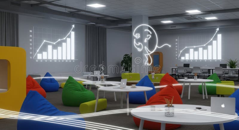 Colorful Modern Office Space with Data Visualization Stock Illustration ...