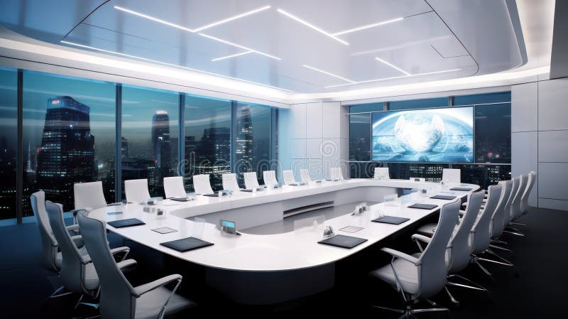 Modern Office with Big Table, Chairs, Laptops and Huge Screen Created ...