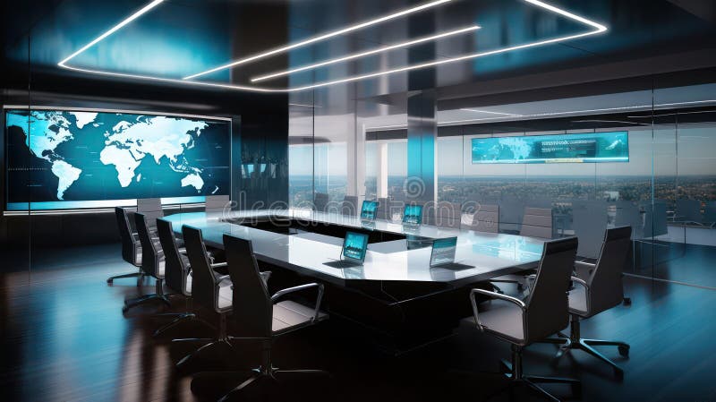 Modern Office with Big Table, Chairs, Laptops and Huge Screen Created ...