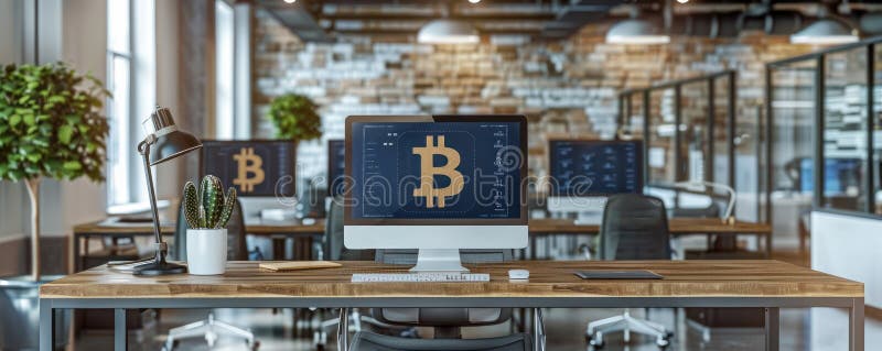 Modern Office with Bitcoin Transaction Screens, Team Collaboration ...