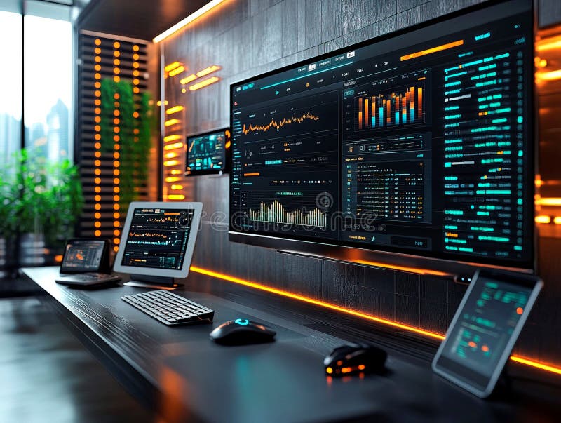 A Modern Office with a Black Desk, Equipped with Technology Laptop, Two ...