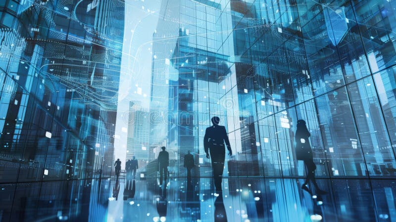 Modern Office with Blurred Employees and Digital Overlay. Symbolizes ...