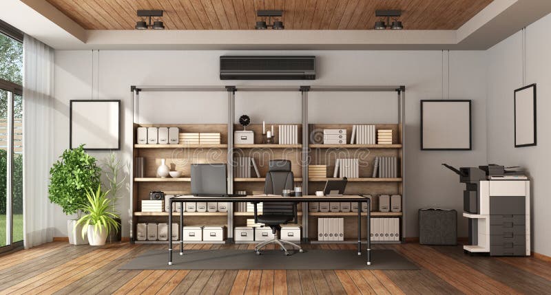 Modern Office with Bookcase and Desk Stock Illustration - Illustration ...