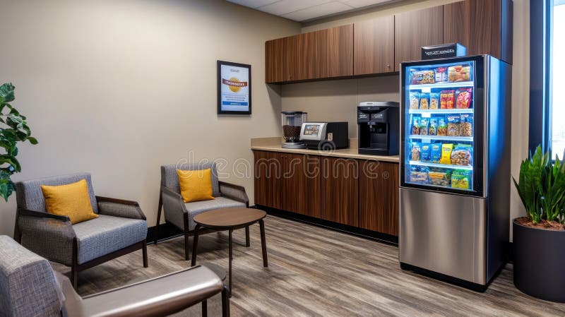 Modern Office Break Room with Seating, Coffee Maker, and Snack Vending ...