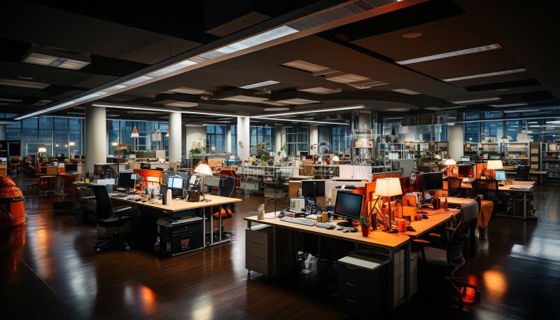 Modern Office with Bright Lighting, Computer on Wooden Desk Generated ...