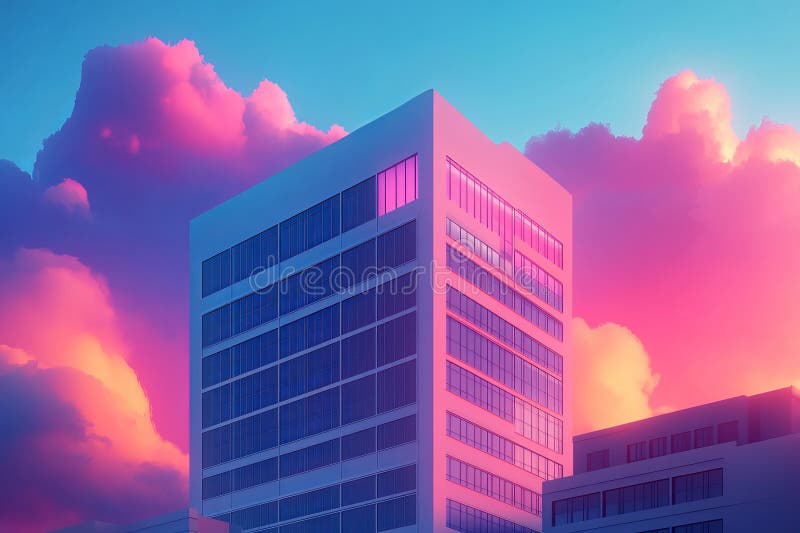 Modern Office Building Against Vibrant Sunset Sky with Dramatic Clouds ...