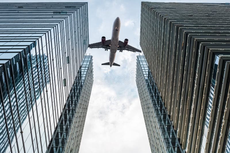 Modern Office Building with Airplane Stock Image - Image of financial ...